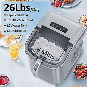 Antarctic Star Countertop Ice Maker Portable Ice Machine, Basket Handle,Self-Cleaning, 26Lbs/24H, 9 Ice Cubes Ready in 6 Mins, S/L ice, for Home Kitchen Bar Party (Gray)