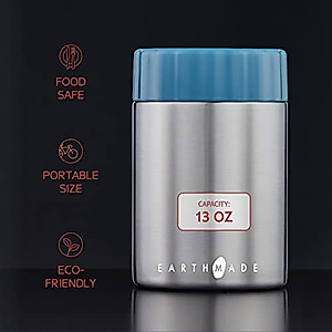 Earthmade Stainless Steel Insulated Food Jar,13 oz Food Thermos for Hot Soup & Cold Fruit, Ceramic Interior Food Container, Silicone spoon Eco-Friendly