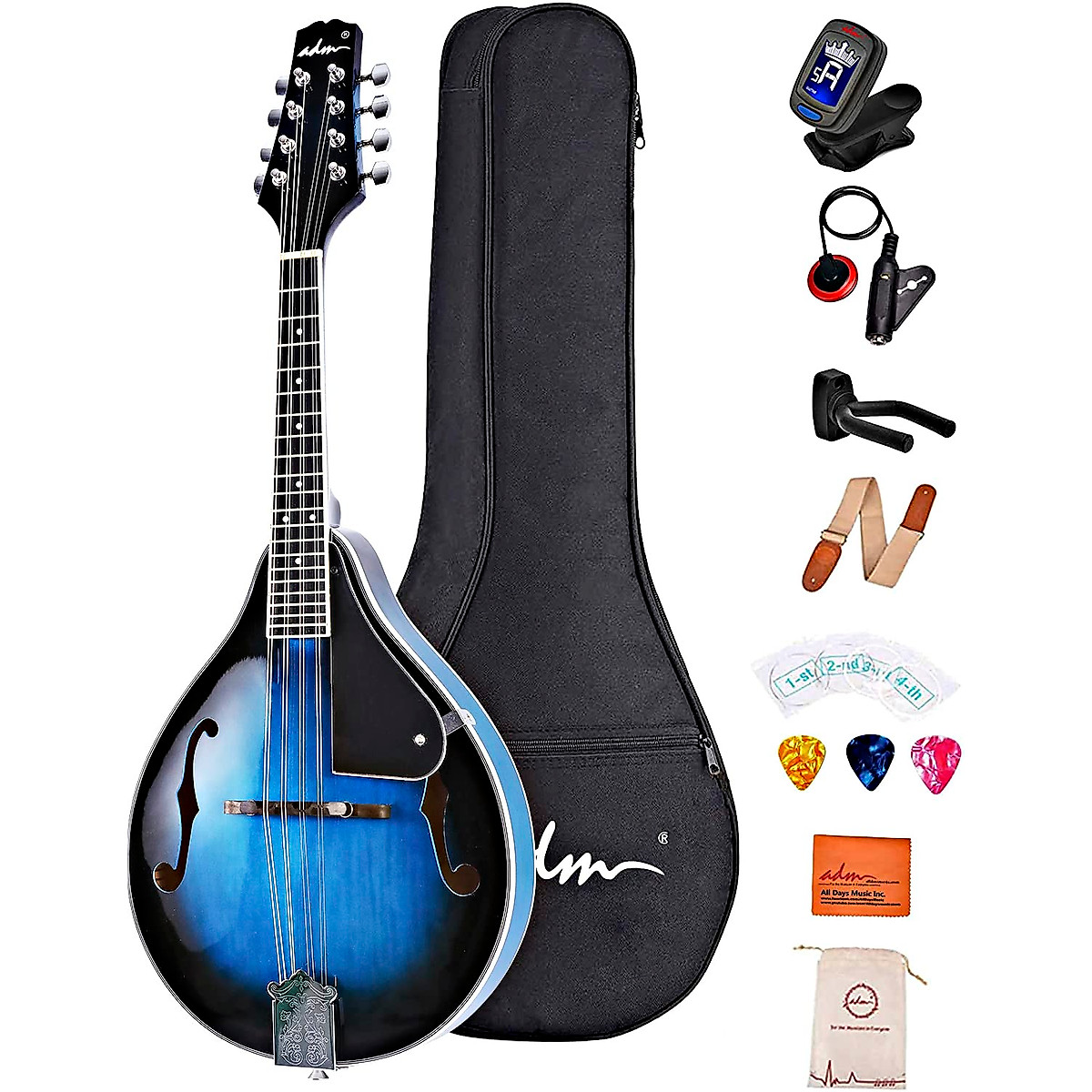 ADM Acoustic Mandolin Instrument Kit Music A Style for Kids Students Adults Wood Mandolins Beginner Set With Bag, Tuner, EQ, Strap, Strings, Picks and Hanger, Blue