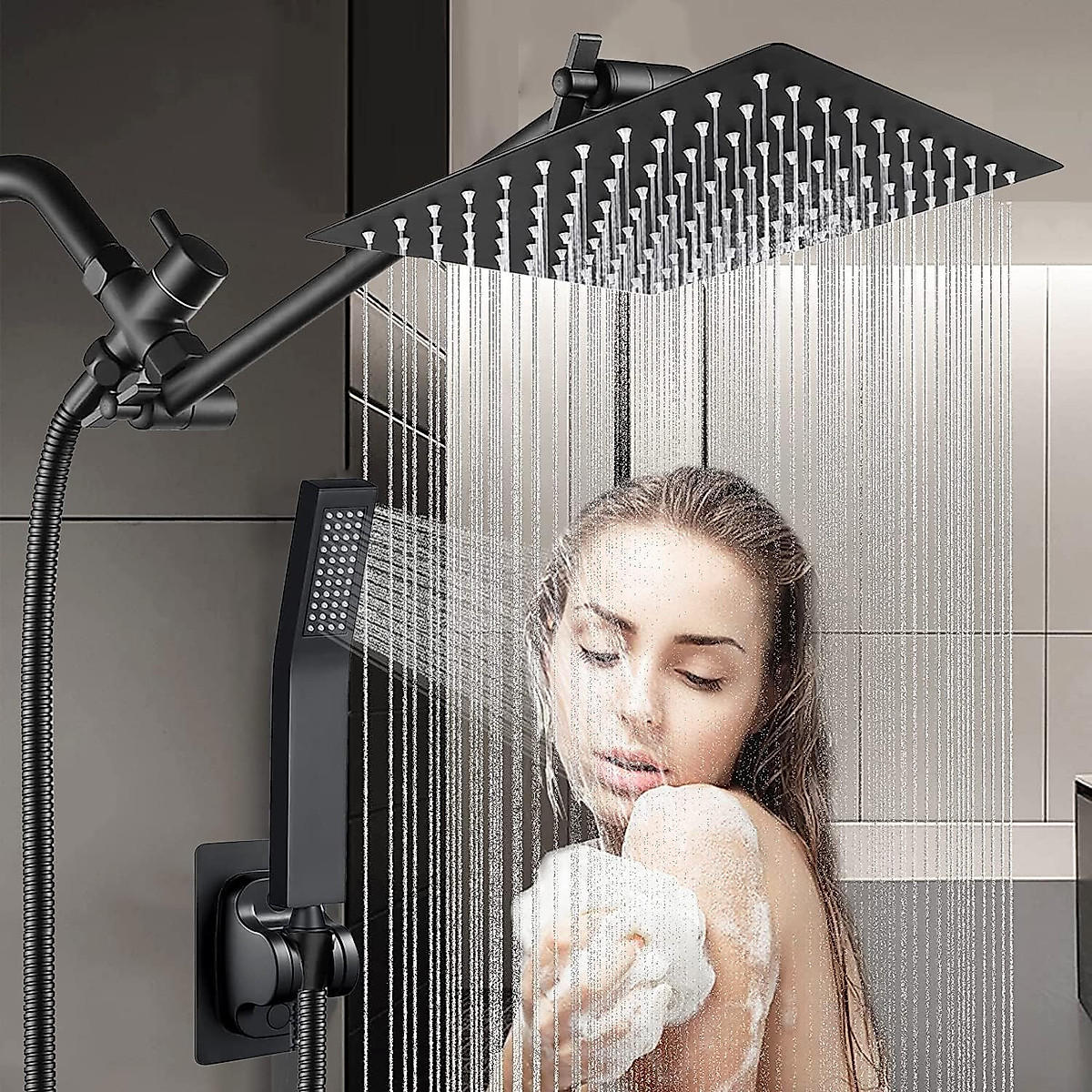 BELLEARLY All Metal 12'' Rain/Rainfall Shower Head with Handheld Spray Combo, High Pressure Square Shower Head with 13'' Extension Arm, Dual Black Shower Heads with 78'' Hose, Waterfall Showerhead