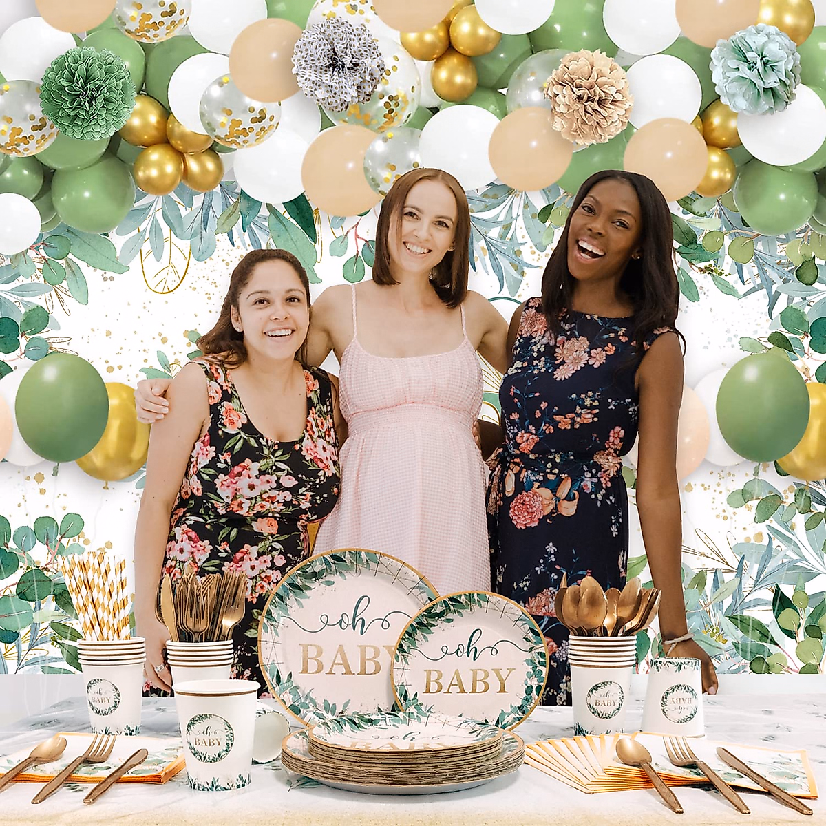 Sage Green Baby Shower Decoration for Girl Boy Kit,239 PCS YHFNDIYS Boho Greency Neutral Party Supplies (20 Guest) with Paper Plates Cups Napkins Straws Oh Baby Tablecloth Backdrop Balloons Arch Kit