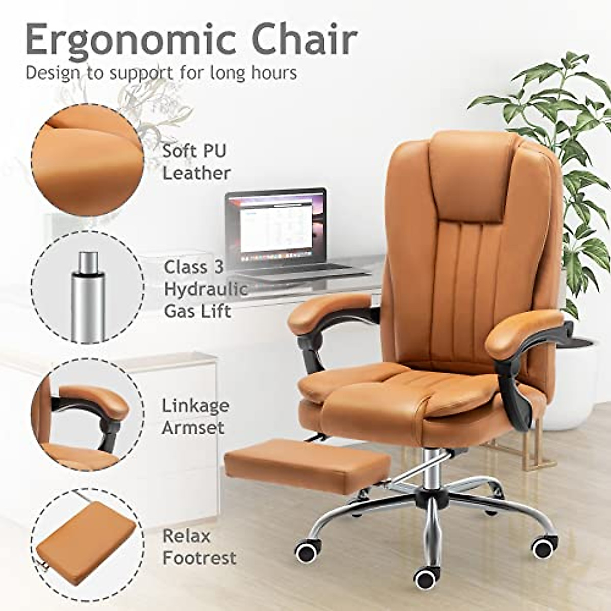 Erinnyees Executive Office Chair, PU Ergonomic Chair with Footrest and Linkage Armrests, 90°-155° Reclining Office Chair, 360° Swivel Computer Desk Chair with Back Support, Brown
