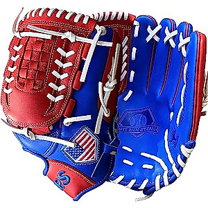 Hit Run Steal Pitcher's Baseball Glove - Right Hand Throw Full Grain Leather Basket Web Glove - Red Blue with White Laces - Perfect for Baseball Players (12 Inch)