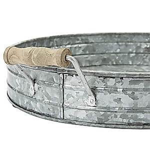 MyGift 16.5 Inch Galvanized Metal Decorative Tray with Mango Wood Handles, Farmhouse Style Round Serving Tray - Handcrafted in India
