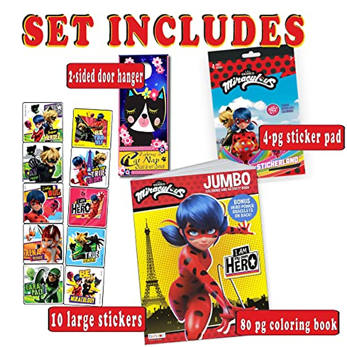 Miraculous Ladybug and Cat Noir - Activity Bundle - Miraculous Ladybug Stickers, Coloring Book, 2-Sided Door Hanger