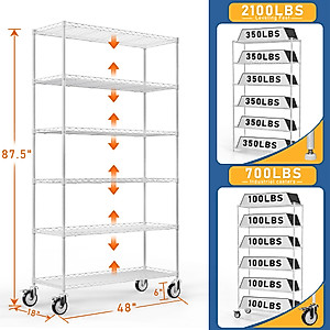 pouseayar Kitchen Shelves Organizer, 6 Tier 2100LBS Metal Wire Shelving Rack w/Innovative Side Mesh, Heavy Duty Adjustable Shelving Units and Storage for Home Office Garage, 87.5" H x 48" W x 18" D