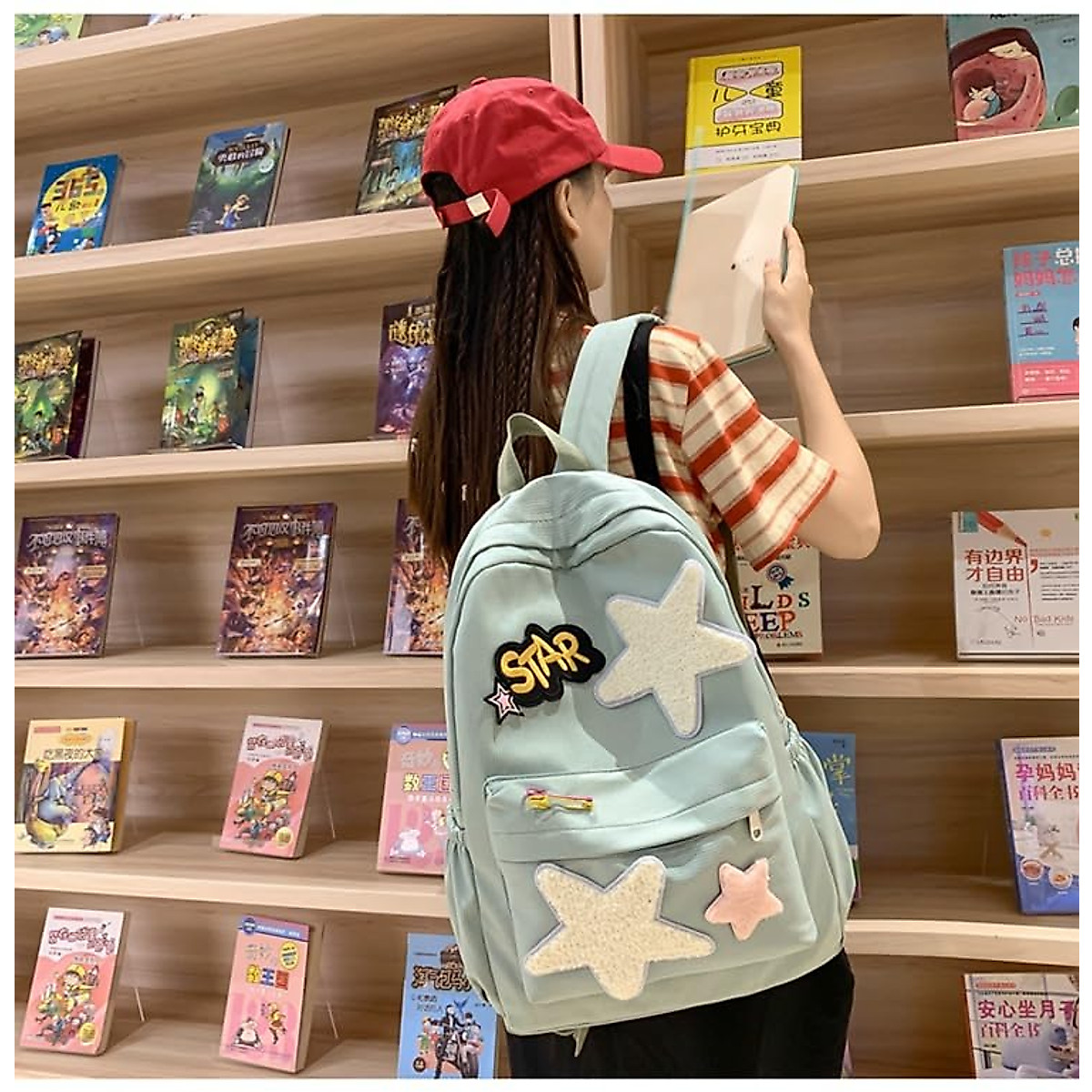 LELEBEAR Y2k Backpack for Women, Kawaii Star Backpack Aesthetic Backpack Casual Daypack for Hiking Travel (Green)