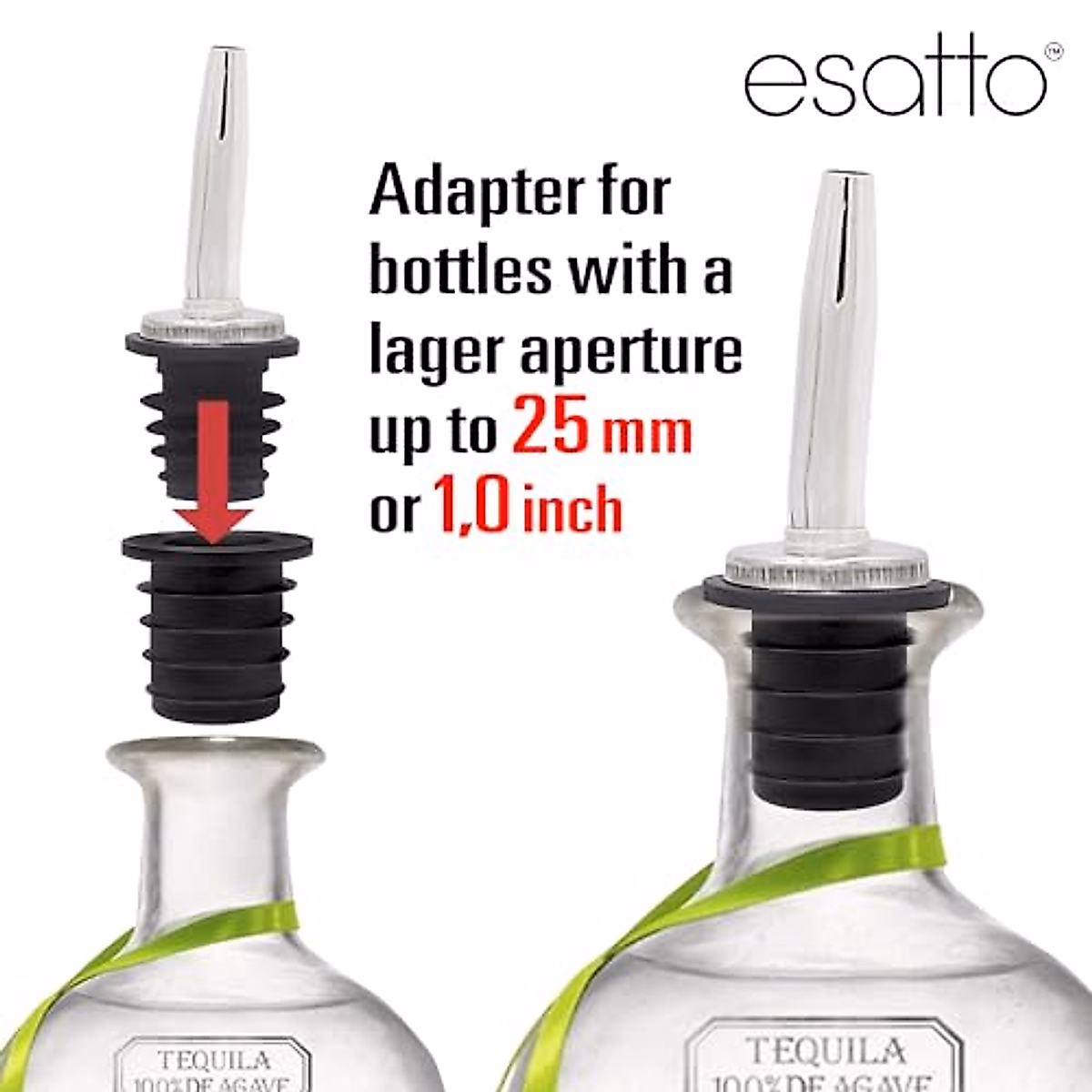 Esatto Liquor Pourer Adapters - 6 Pieces Set, Perfect for Large Olive Oil Bottles and Liquor Bottles - Up to 1 Inch/25mm Neck Converts Any Spout into a Large Pour Spout