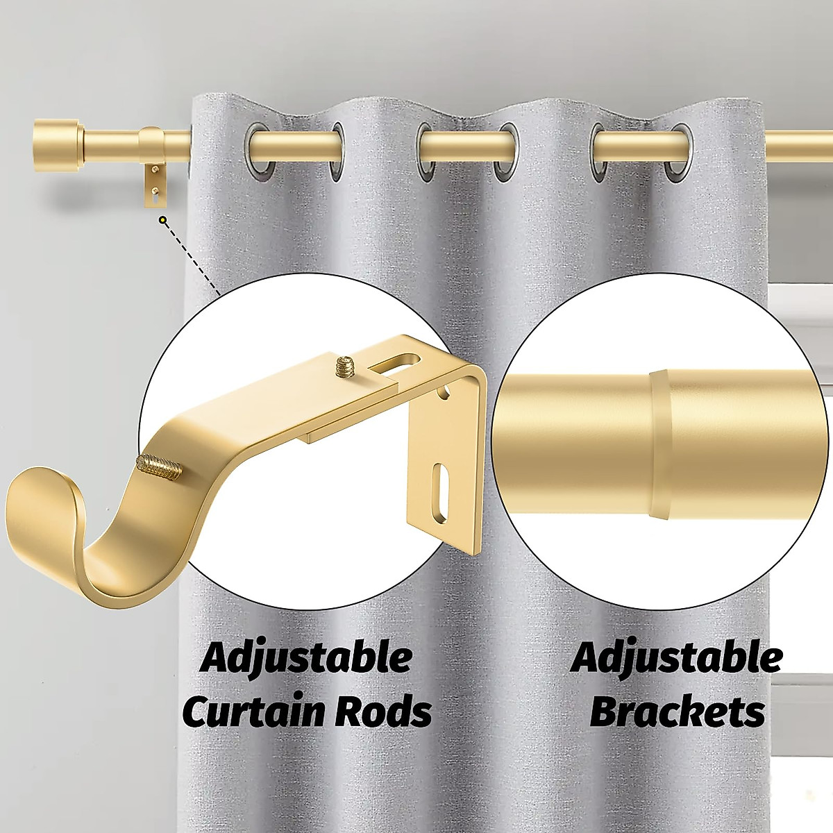 GEEBOBO Gold Curtain Rods for Windows 66 to 120 Inch, 1 Inch Adjustable Heavy Duty Easy Install Curtain Rods Set for Outdoor, Patio, Farmhouse, Bedroom, Living Room (Gold, 30"-120")