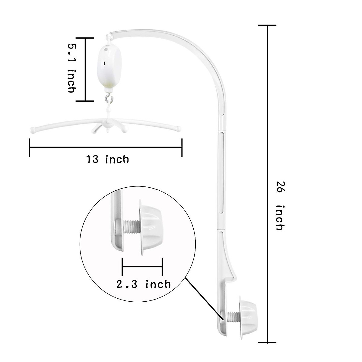 HLEEDUO 26 in Crib Mobile arm,Crib Mobile Motor can Adjustable Volume，Baby Mobile with 3 moeds(Rotating&Music,Rotating only,Music only),Music Box Play 12 lullabies，Mobile arm for Crib