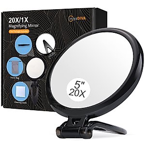 5 Inch 20X Magnifying Mirror with Blackhead Tweezer Kit, Handheld Mirror with Handle, Portable Magnified Mirror with Eyebrow Plucking Tweezers, Foldable, Double sided, Black