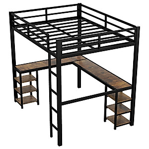 CITYLIGHT Full Size Loft Bed with L Shaped Desk and Storage Shelves Metal Full Loft Bed with Built-in Ladders and Guardrails, Noise Free, No Box Spring Needed (Full, Black)