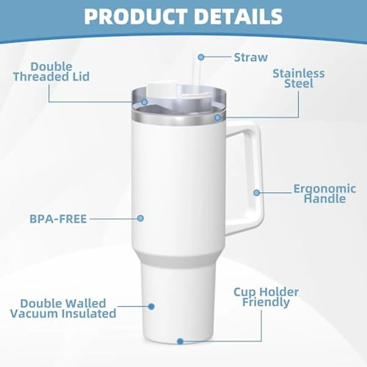 HQFFPOO 40 oz Tumbler with Handle and Straw Stainless Steel Coffee Travel Mug with Lid Insulated Water Bottle Reusable Leak Proof for Sports, Women, Men, Work - White