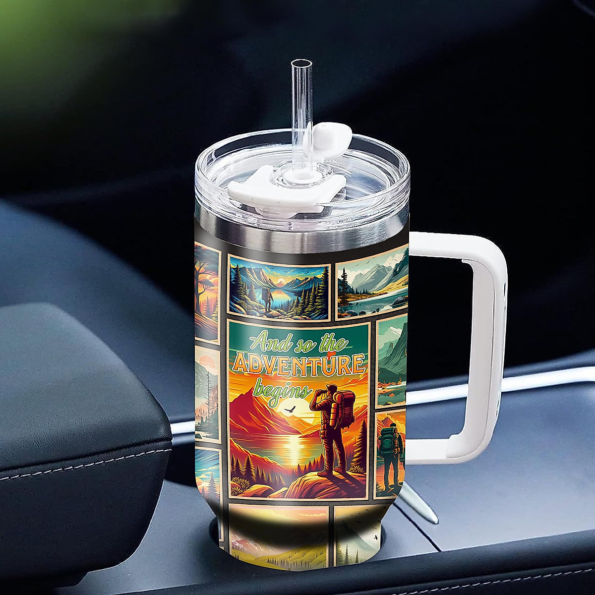 WAZONE Personalized Adventures Tumbler 40oz with Handle and Straw Custom Name And So The Adventure Vacuum Stainless Steel Insulated Coffee Mug Birthday Gifts For Traveling Lover Men Him Dad Papa