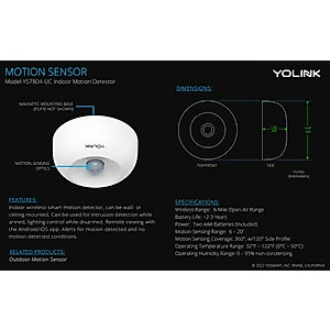 YoLink Motion Sensor, 1/4 Mile Long Range Smart Home Indoor Wireless Motion Detector Sensor Works with Alexa, IFTTT, and Home Assistant. Movement Detector App Alerts Remote Monitor-YoLink Hub Required