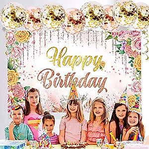 Pink Happy Birthday Backdrop, Floral Gold Glitters Birthday Banner with Rose Flower Birthday Decorations, Large Happy Birthday Photo Yard Sign Backgroud Party Supplies for Women Girls, 70.8x43.3 Inch