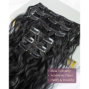 LONAI Clip In Hair Extensions, 6PCS 24" Black Hair Extensions Long Mermaid Waves Wavy Synthetic Clip On Hairpiece For Women（Black）