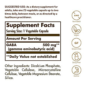 Solgar GABA 500 mg, 100 Vegetable Capsules - Relaxation & Nervous System Support - Amino Acid - Non-GMO, Vegan, Gluten Free, Dairy Free, Kosher - 100 Servings