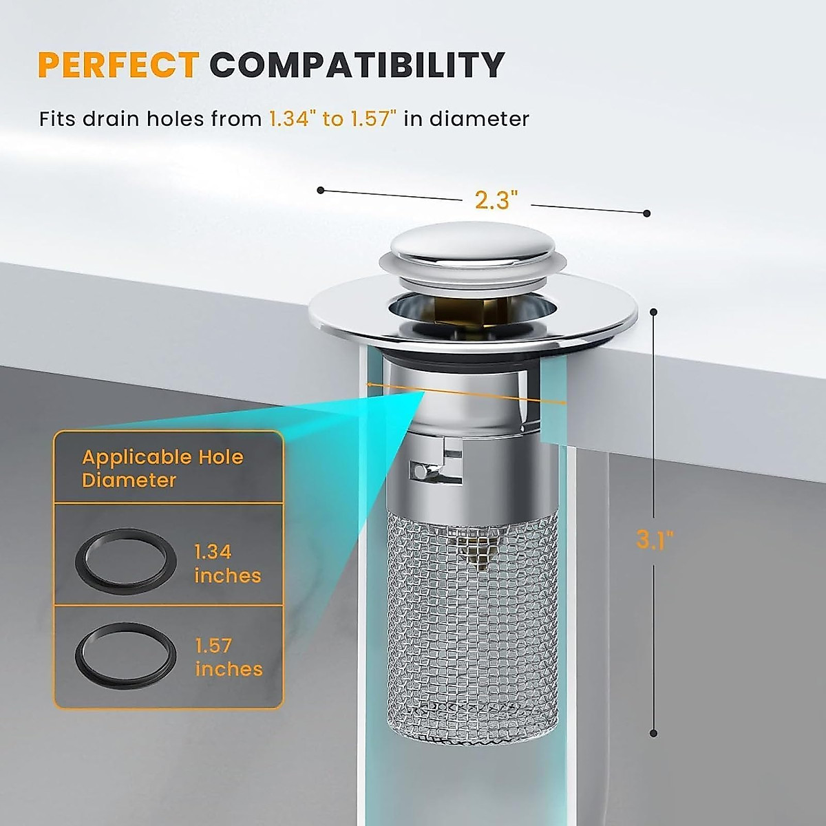 Bathroom Sink Stopper Hair Catcher, 2Pcs Stainless Steel Floor Drain Filter Up Sink Drain Strainer with Removable Filter Basket for Washbasins, Bathtubs, 2.4x3.1in