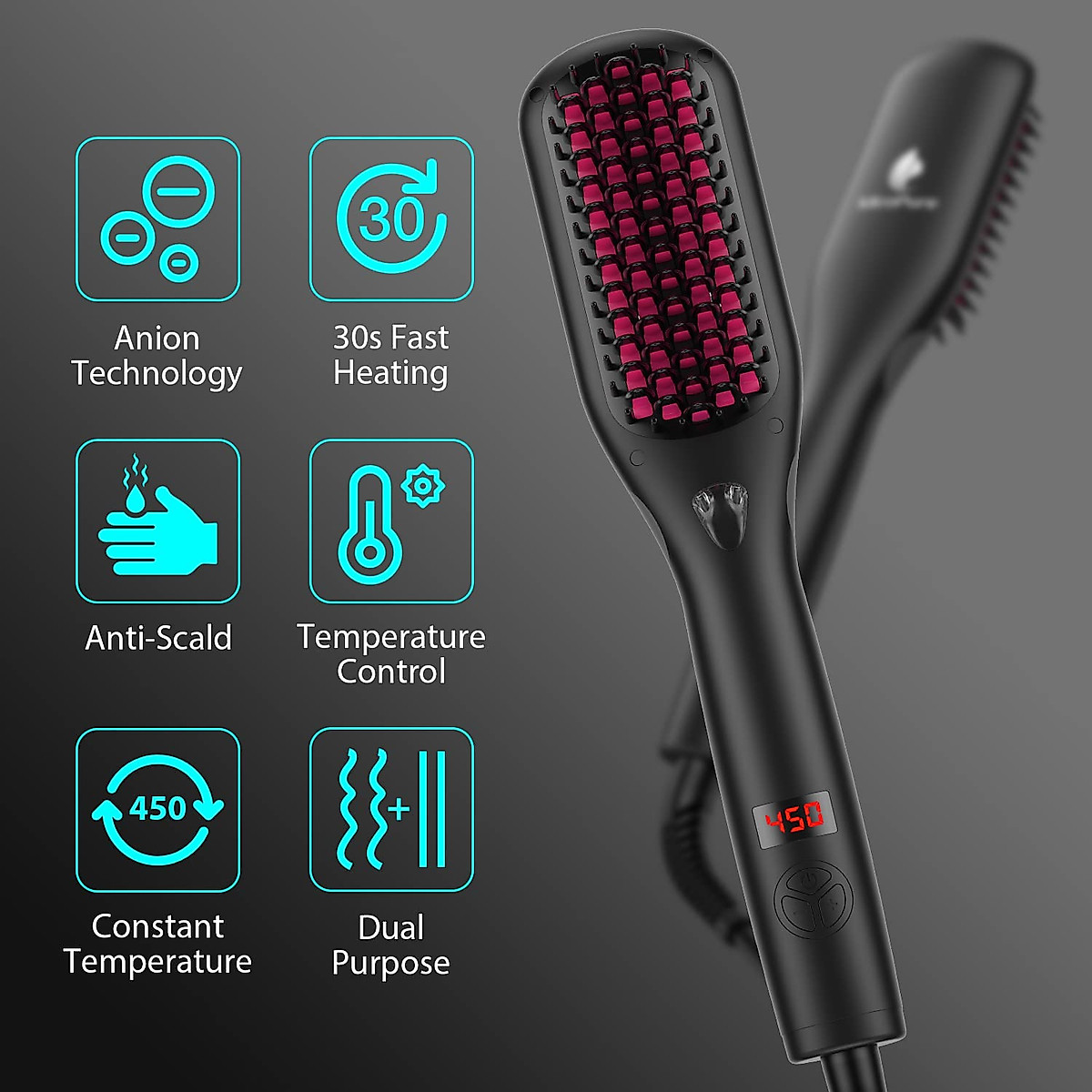 MiroPure Hair Straightener Brush Heated Straightening Brush with Ionic Generator, 30s Fast MCH Ceramic Even Heating, 11 Temperature Control, Professional Straightener Comb for Straightening (Black)