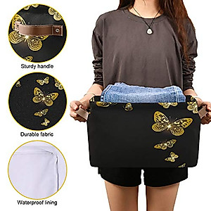 AGONA Black Beautiful Gold Butterfly Foldable Storage Bins Large Collapsible Fabric Storage Baskets with Leather Handles Organizing Box for Shelves Home Bedroom Nursery Office 2 Pack