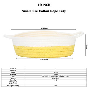 Sea Team 2-Pack Cotton Rope Baskets, 10 x 3 Inches Small Woven Storage Basket, Fabric Tray, Bowl, Round Open Dish for Fruits, Jewelry, Keys, Sewing Kits (Yellow & White)