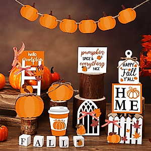 Set of 15 Fall Tiered Tray Decor Pumpkins Farmhouse Decor Autumn Maple Leaf Table Centerpieces Thanksgiving Harvest Wood Blocks Signs for Home Decor(Cute Style)