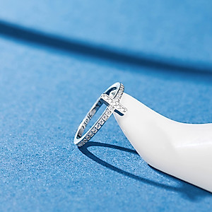 EVER FAITH 925 Sterling Silver Shiny CZ Ring, Engraved Faith Hope Love Sideways Cross Ring for Women -Size 7