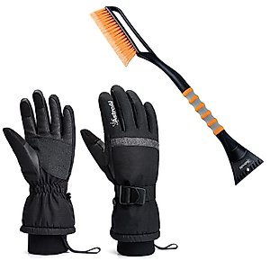 AstroAI 27 Inch Snow Brush and Detachable Ice Scraper Orange+AstroAI Waterproof Gloves Winter Gloves Men Snow Gloves