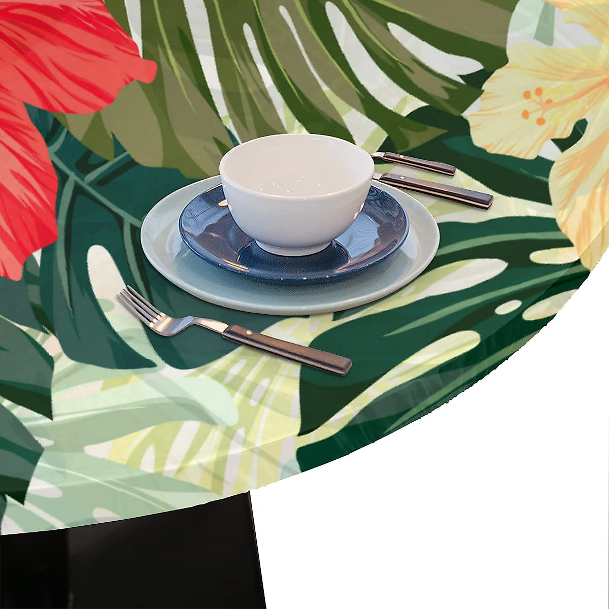 Round Tablecloth Fitted Table Cloth with Elastic Edge for Round Table, Flower Palm Leaf Circular Table Cover Waterproof Wipeable Table Linen, Fits Tables up to 36" - 42" Diameter