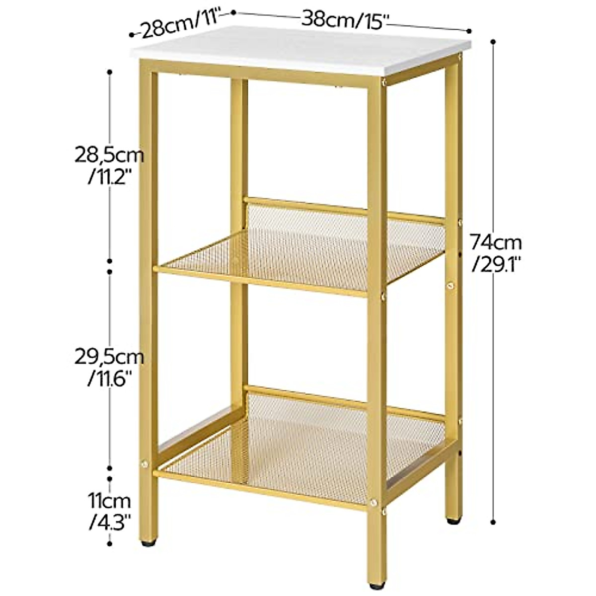 HOOBRO Side Table, 3-Tier End Telephone Table with Adjustable Mesh Shelves, for Office Hallway or Living Room, Modern Look Accent Furniture, Tall and Narrow, White and Gold DW01DH01G1