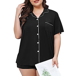 SWOMOG Women's Plus Size Pajamas Set Button Down Tops Short Sleeve Sleepwear Soft Pajama Shorts 2 Pcs Lounge Sets With Pocket Black