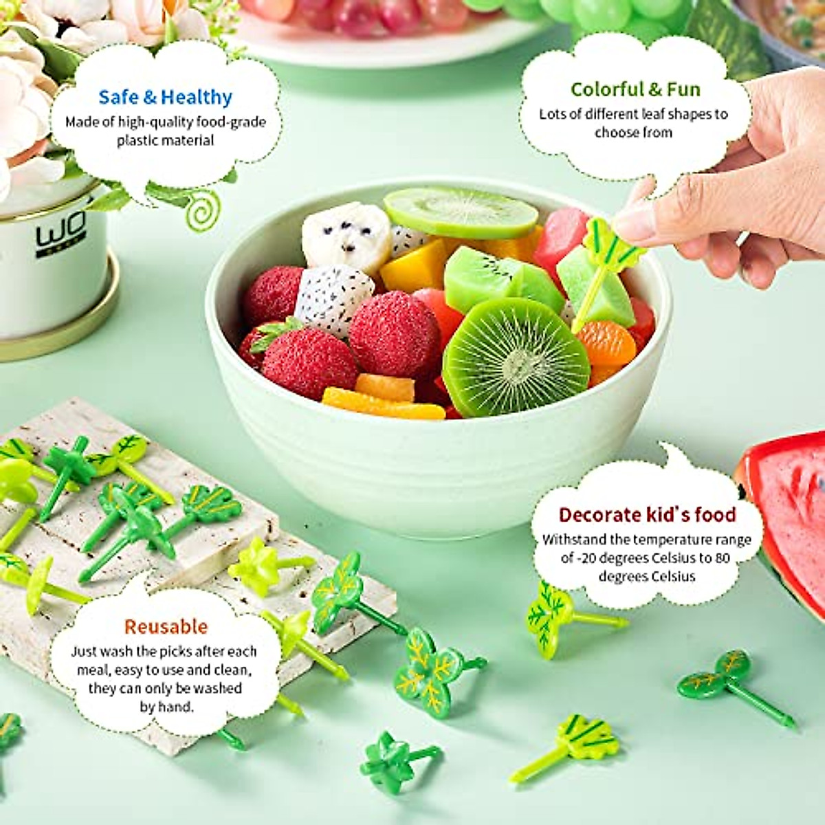 64 Pcs Kids Food Pick Leaves Series Bento Box Picks Plastic Fruit Picks Decorative Bento Box Accessories Mini Fruit Fork Kawaii Plastic Stick Cute Salad Toothpick for Party Lunch Decor, 8 Styles