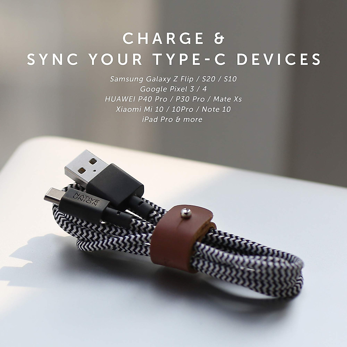 Native Union Belt Cable USB-C to USB-A - 4ft Ultra-Strong Charging Cable with Leather Strap Compatible with iPhone 16, Samsung Galaxy Z Fold 6, Flip 6 / S25 Ultra, Pixel 9 Pro, iPad Pro (Zebra)