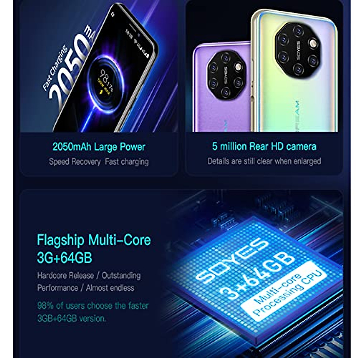 Soyes S10I Unlocked Mini 4G Android Smart Phone 3.5" Dual Sim Ultra Thin Card Student Palm Cellphone Google Play Whatsapp Face Fingerprint 2050mAh Global Version (Star Purple, 3GB+64GB)