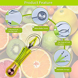 5Pcs Melon Baller Scoop Set, 4 in 1 Stainless Steel Fruit Scooper Seed Remover Cutter, Double Sided Melon Baller Spoon, Avocado Cutter, Watermelon Carving Knife for Dig Pulp Separator Fruit Slicer