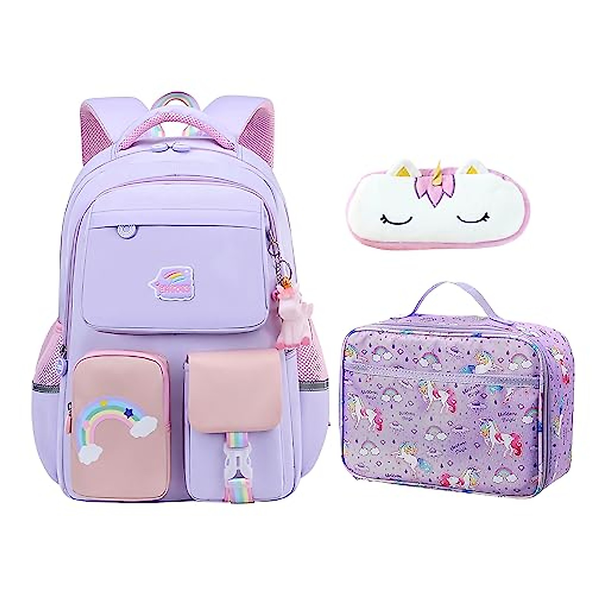 Uamdrup Kids Purple Unicorn Backpack For Girl, Cute Lightweight Durable Large Capacity School Bookbag Waterproof Travel Bag With Lunchbag