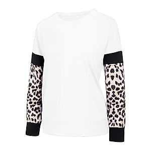 Women's Leopard Blouse Patchwork T-Shirt Autumn Pullover Casual Tunic Long Sleeve Tops (White,M)