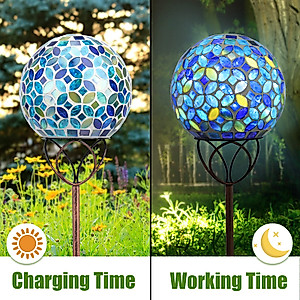 VCUTEKA Solar Outdoor Lights Garden Decor Mosaic Solar Garden Lights Waterproof Glass Ball LED Pathway Stake Light for Landscape Lawn Patio Yard Decoration 6 inch, Blue