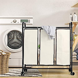 3-Bag Laundry Hamper Sorter Black 3 Section Rolling Dirty Clothing Organizer Cart, Triple Laundry Basket with Heavy Duty Lockable Wheels and Three Removable Laundry Bags, for Bathroom Living Room
