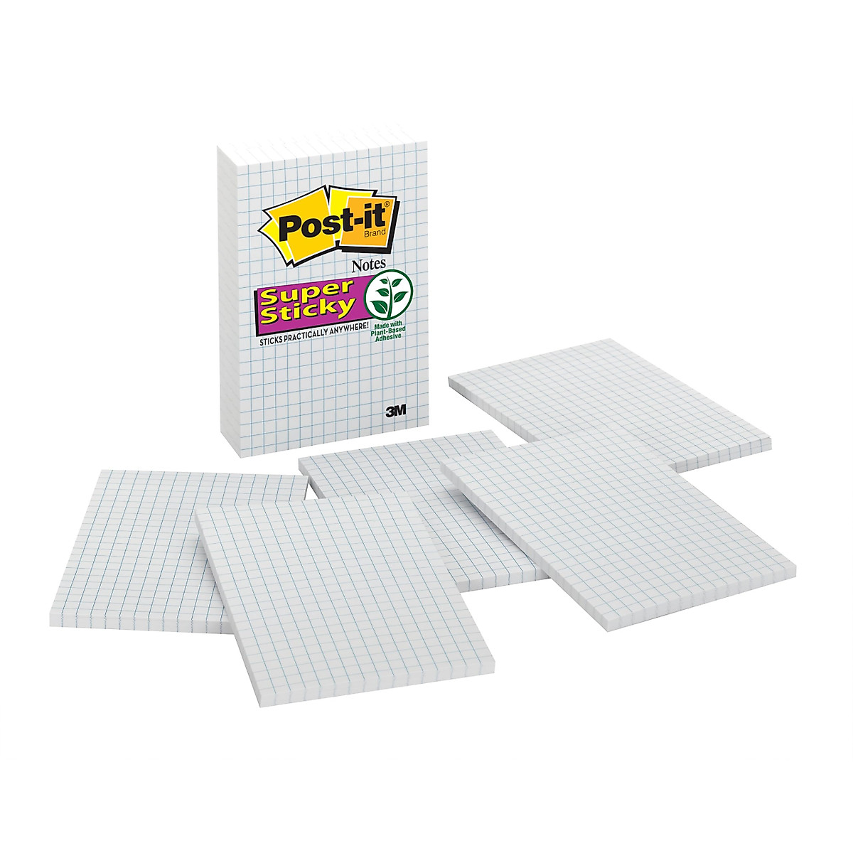 Post-it Super Sticky Notes, 4 in x 6 in, 3 Pads, 2x the Sticking Power, White with Blue Grid Lines, Recyclable (660-SSGRID)