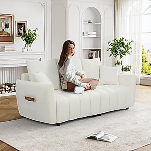 Wrofly Teddy Cloud Sofa Couch, Modern Deep Seat Boucle Sofa, Comfy Upholstered Sherpa 3 Seater Couch with 3 Pillows, Oversized Loveseat for Living Room Apartment Office, Beige White