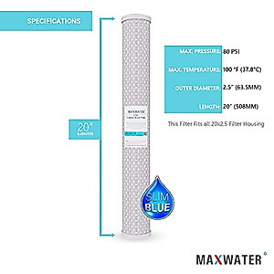 (1 Pack) CTO Filters 20" x 2.5" Slim Blue Whole House Carbon Filter (5 Micron) compatible with most 20" Slim Blue Whole House Water Filtration Systems