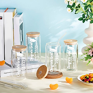 Rtteri 4 Pack Graduation Gift Congrats Grad Class of 2024 Can Cup, 16 oz Drinking Glasses with Bamboo Lid and Glass Straw, Can Shaped Drinkware Cups Grad Gifts for Graduates Whiskey Beer Soda