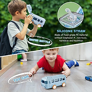 Suteng Bus Shape Car Water Bottle with Straw Lid, 16.9 Oz Portable Kid Water Cup with Shoulder Strap, Detachable, Leak-Proof, Flip Lid Cute Drinking Water Bottles for Kids (Pink)