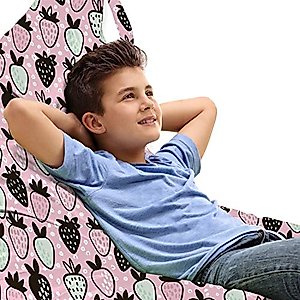 Lunarable Strawberry Lounger Chair Bag, Girlish Pink Pattern with Hand Drawn Summer Fruits Doodle Dots, High Capacity Storage with Handle Container, Lounger Size, Mint Green Pale Pink
