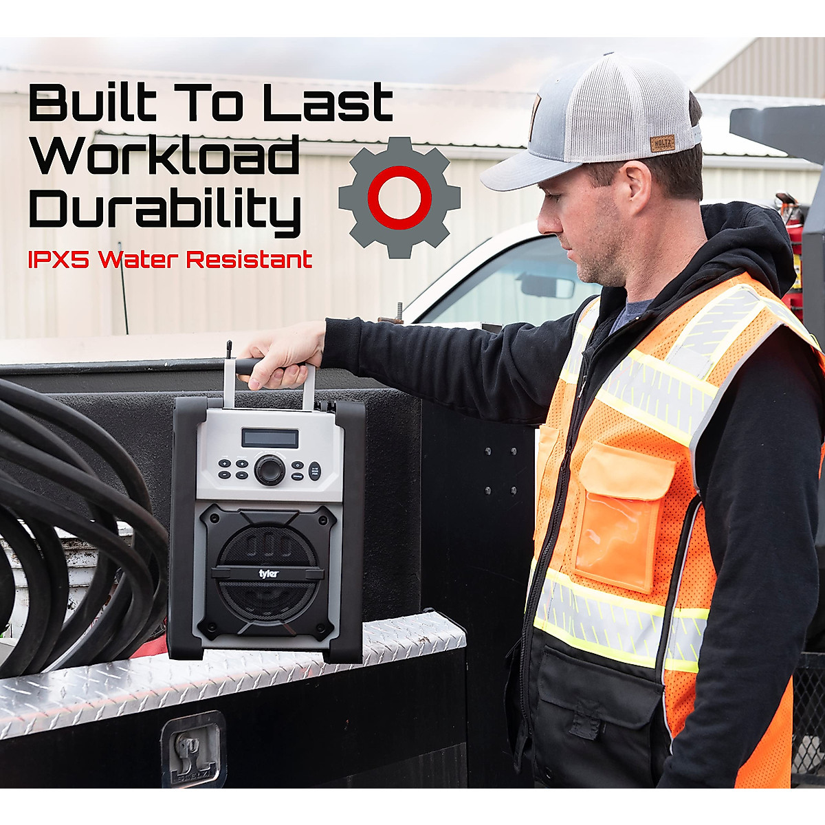 Tyler Bluetooth Jobsite Radio Speaker Wireless Battery Powered Or AC/DC - 100+ Feet Rang - USB - AUX Out - Full Band FM Radio - IPX5 Water Resistant - Outdoor Indoor Durable Portable Speaker TWS407