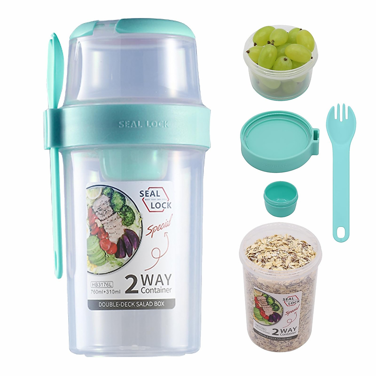 daasigwaa Breakfast On The Go Cups, Salad Cup To Go, Take And Go Yogurt Cereal Overnight Oats Snack Parfait Containers & Salad Dressing Holder With Fork For Lunch, Fruit & Vegetable Jar(Green,36.2oz)