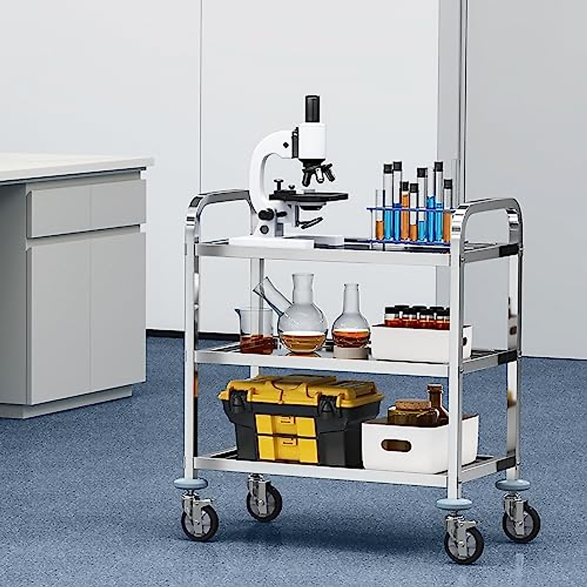 VEVOR Stainless Steel Cart, 3 Layers Lab Utility Cart 400 lbs Weight Capacity, Medical Cart with Lockable Universal Wheels, for Lab, Clinic, Kitchen, Salon