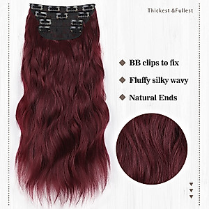 QGZ Hair Extensions 4 PCS Thick Clip in Hair Extensions for Women 20 Inch Synthetic Long Wavy Hairpieces for Daily Party Use(Burgundy)